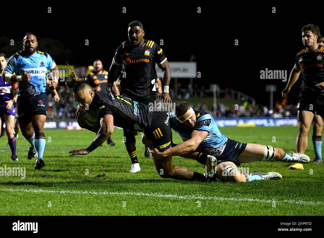 Sean Wainui of the Chiefs scores a try during the Round 5 Trans-Tasman ...