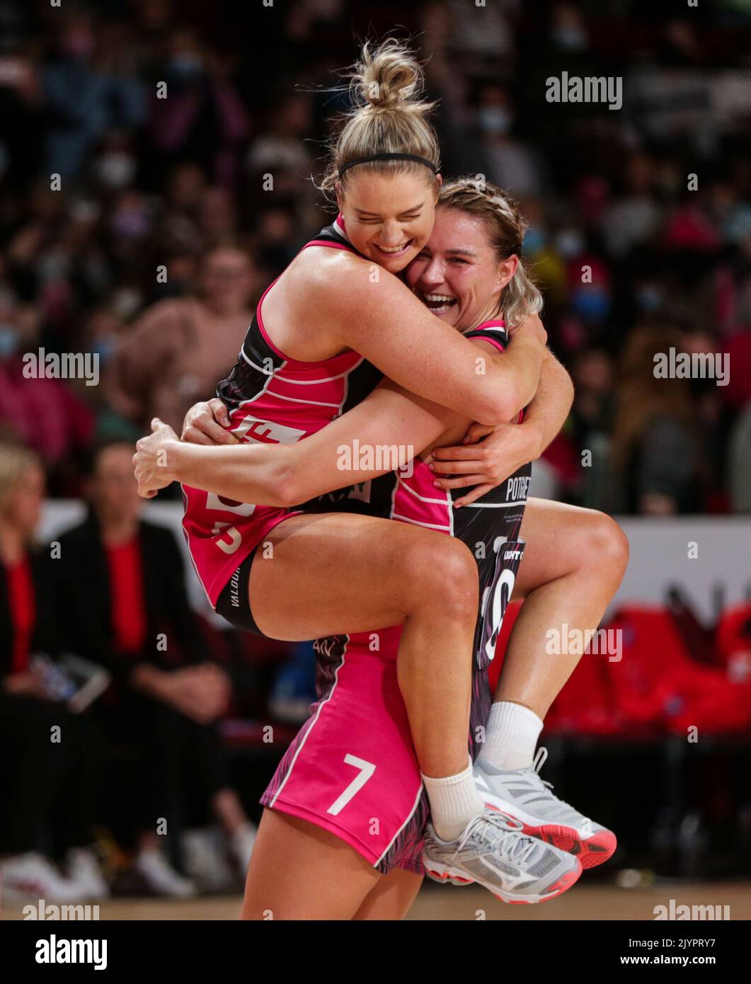 Maisie Nankivell hugs team mate Lenize Potgieter of the Thunderbirds ...