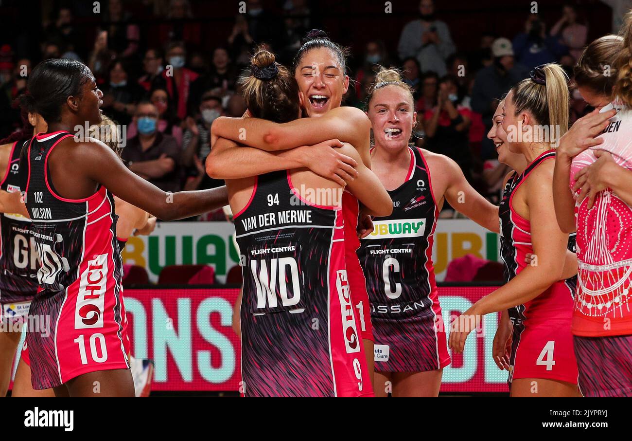 Matilda Garrett and Shadine Van Der Merwe of the Thunderbirds celebrate ...