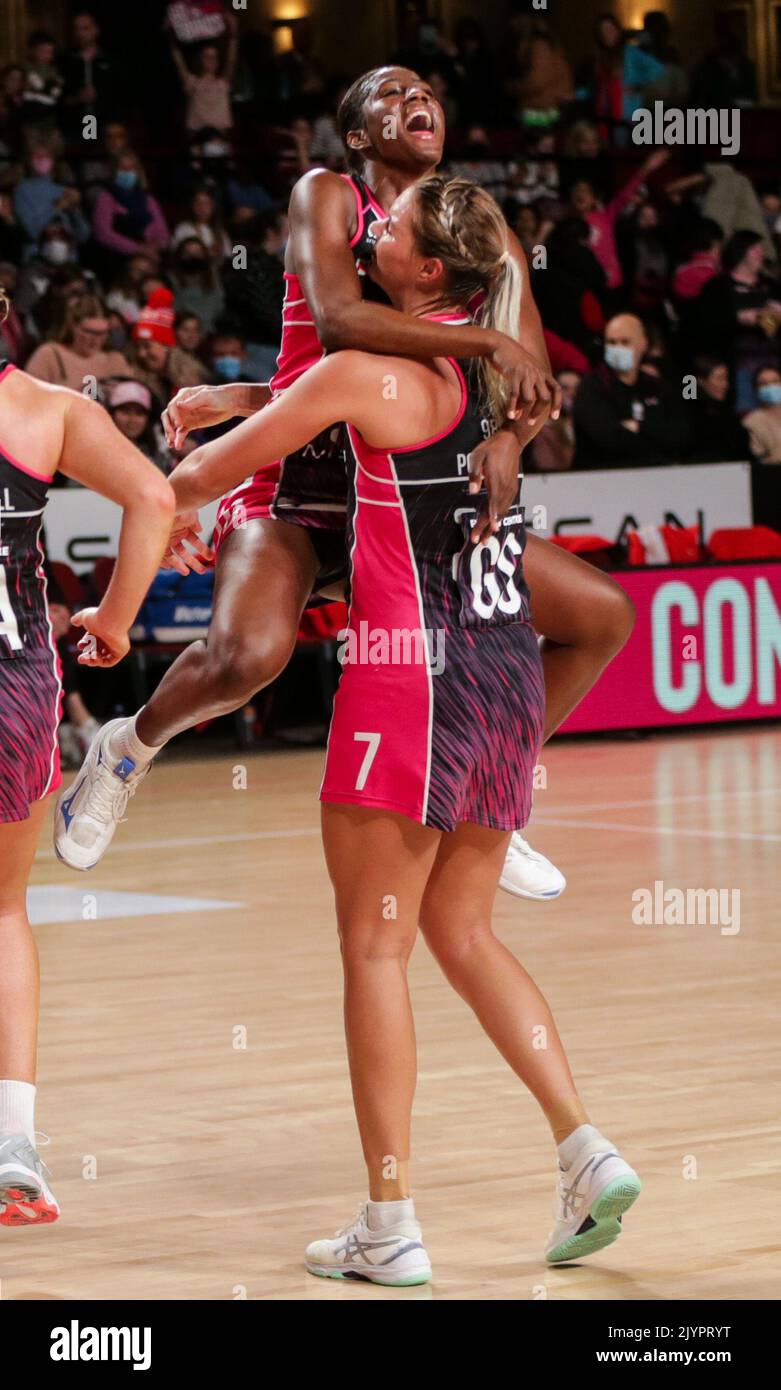 Latanya Wilson embraces team mate Lenize Potgieter of the Thunderbirds ...