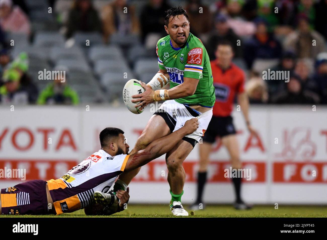 Jordan Rapana of the Raiders is tackled during the Round 14 NRL match ...