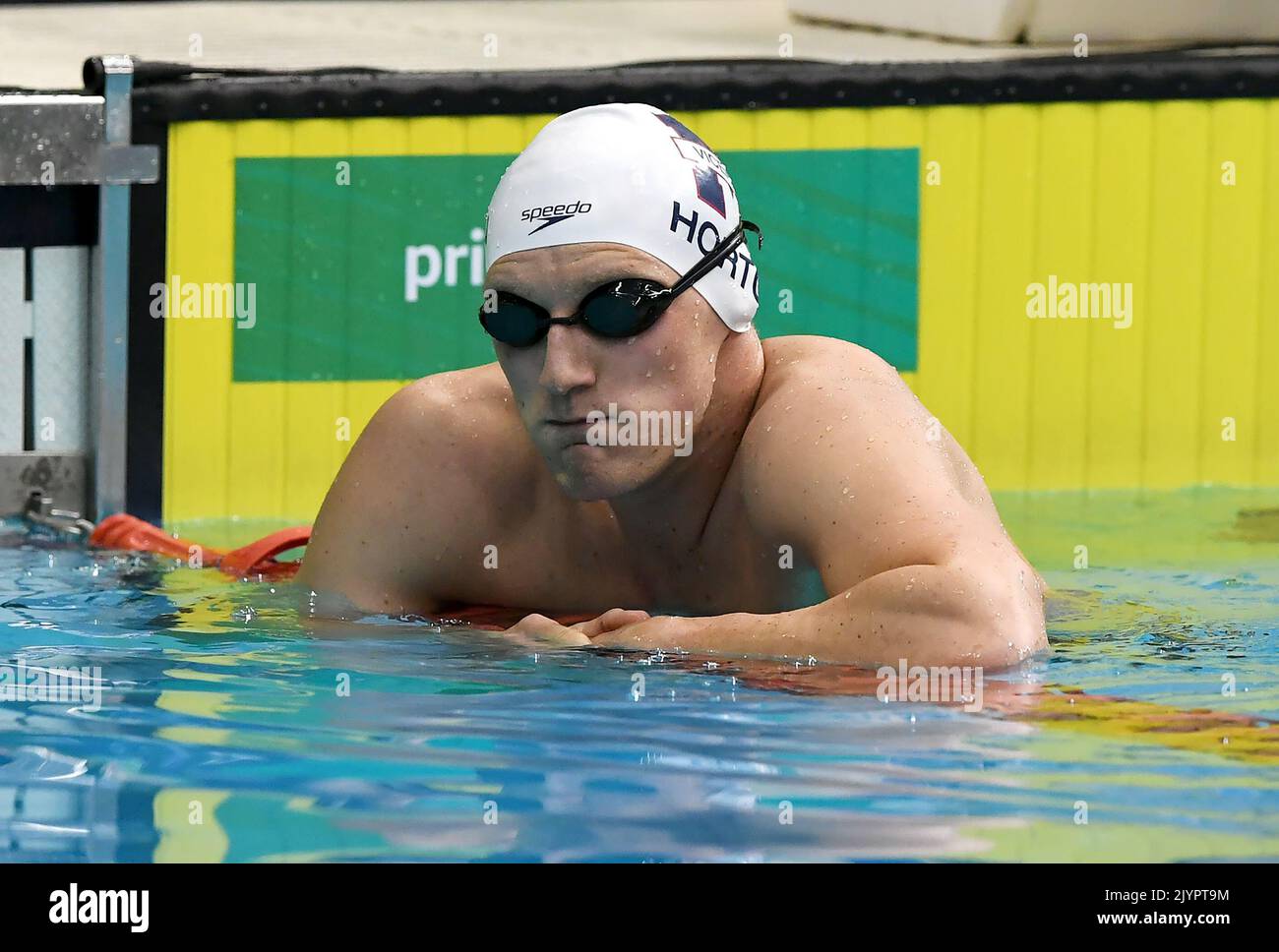 Mack Horton looks on after swimming in the Mens 200m Freestyle Heats at ...