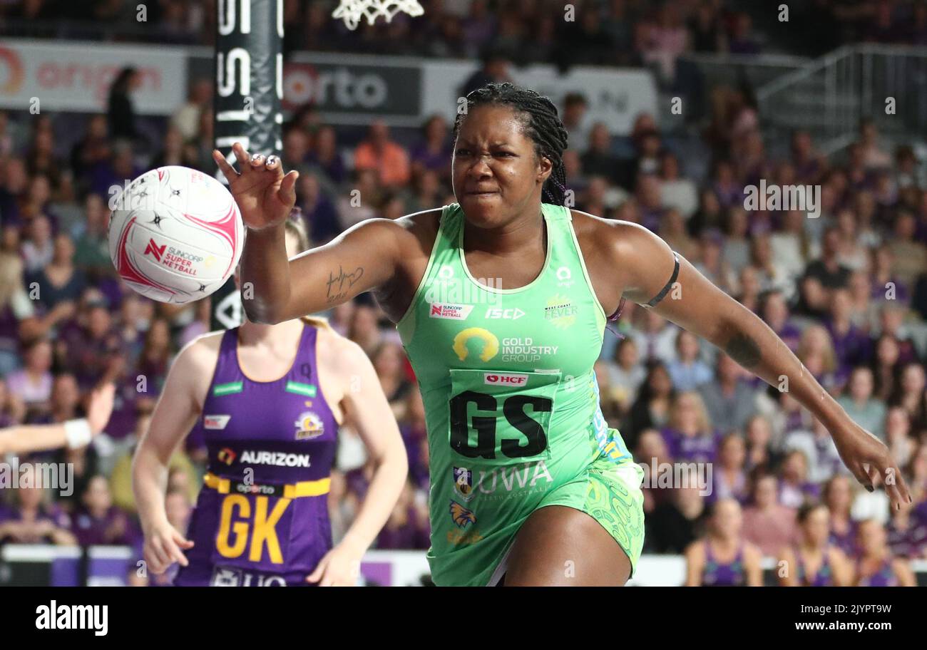 Jhaniele Fowler of the Fever in action during the Round 7 Super Netball ...