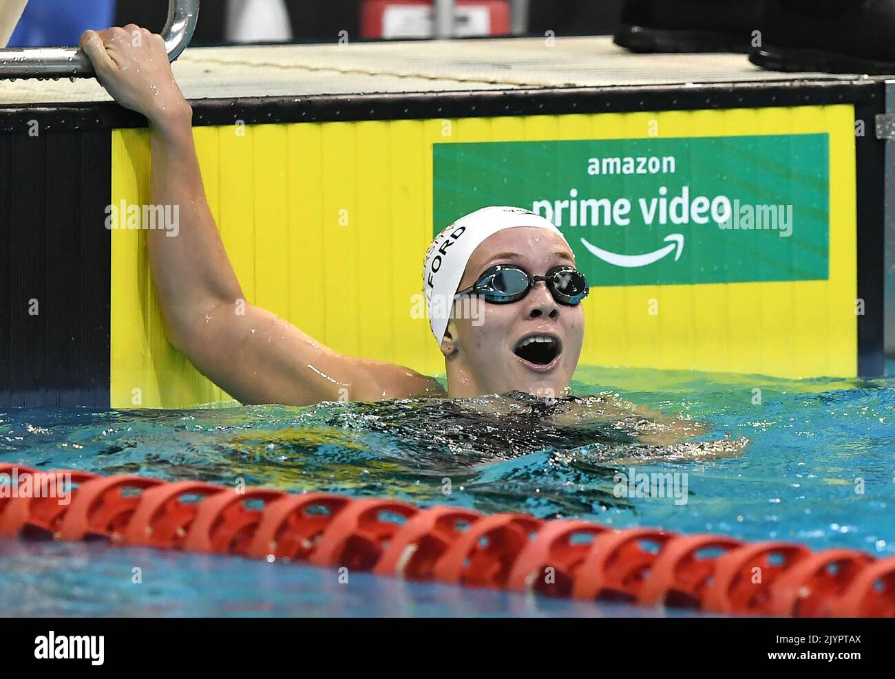 Michaela Pulford reacts after swimming in the Women’s 400m Freestyle ...