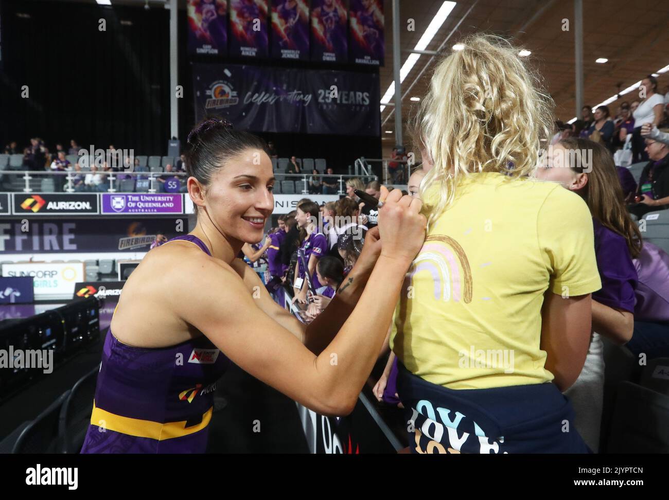 Kimberley Ravaillion of the Firebirds pictured post match with fans ...