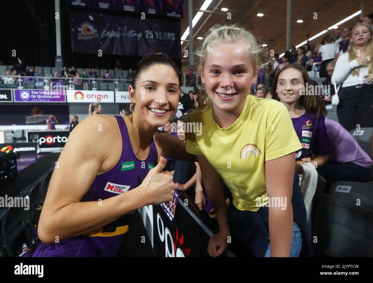 Kimberley Ravaillion of the Firebirds pictured post match with fans ...