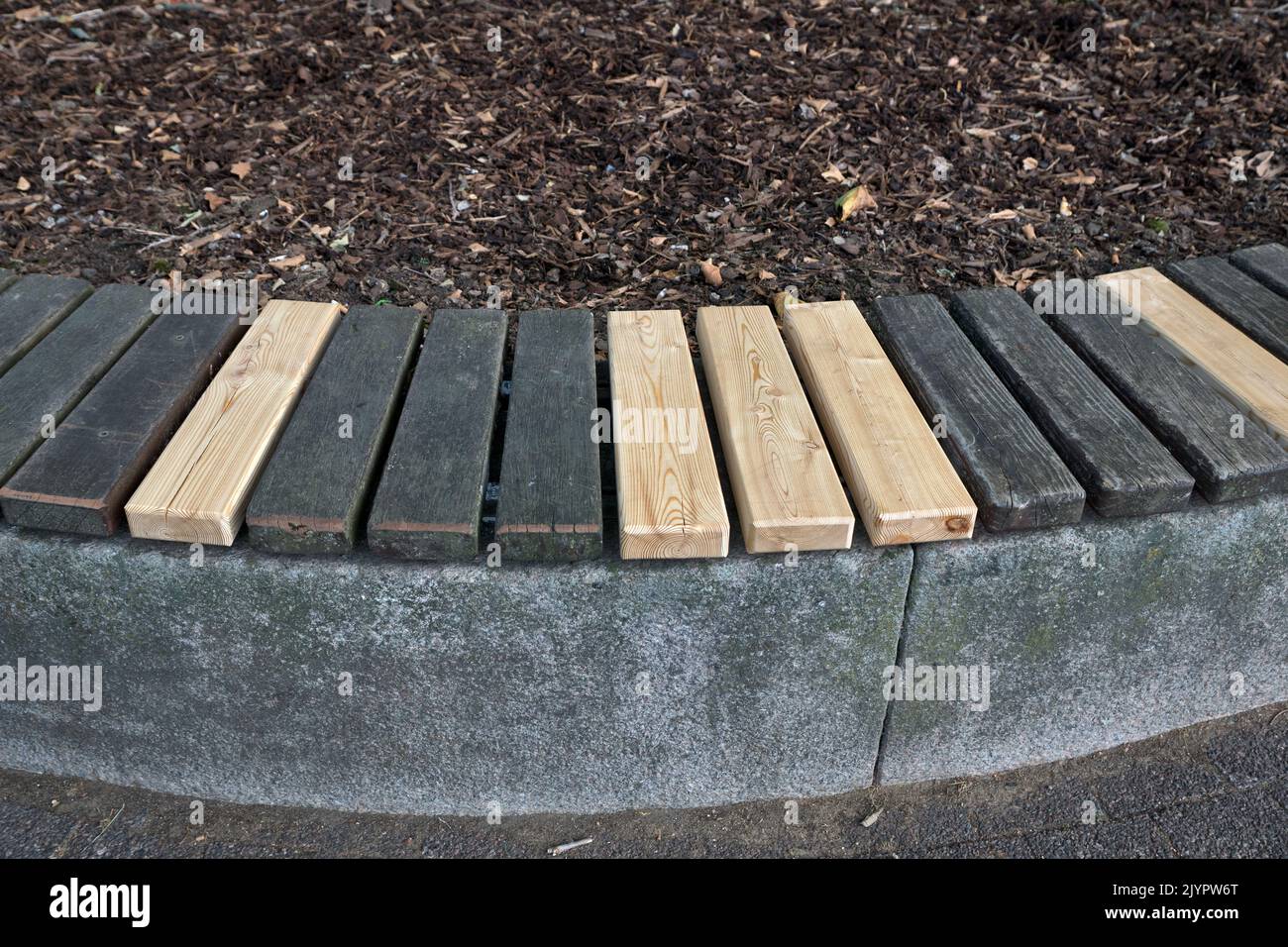 bench made of new and old parts - looks like a denture with good and ...