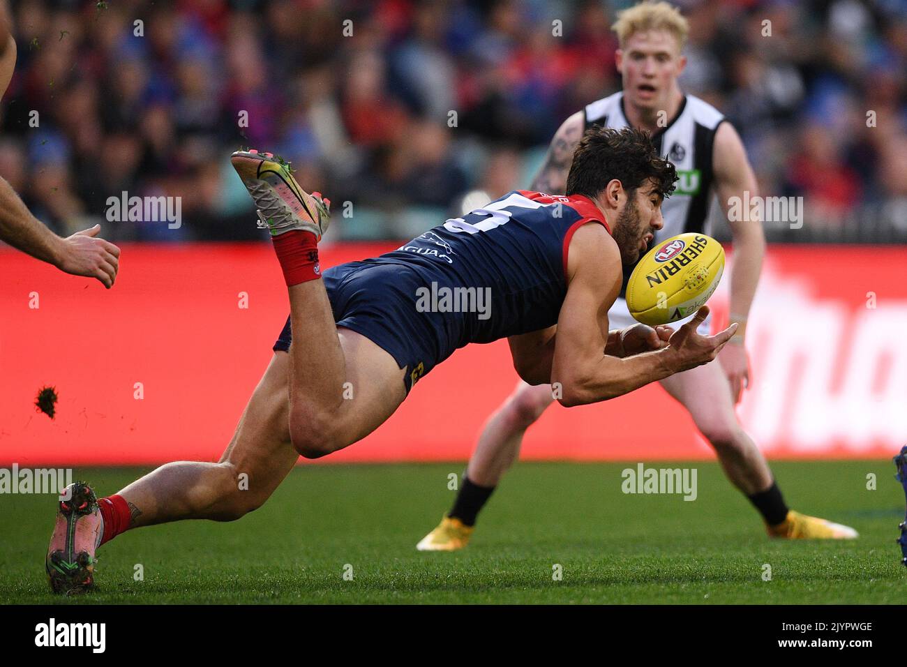 Christian Petracca of the Demons gets a hand ball away during the Round ...