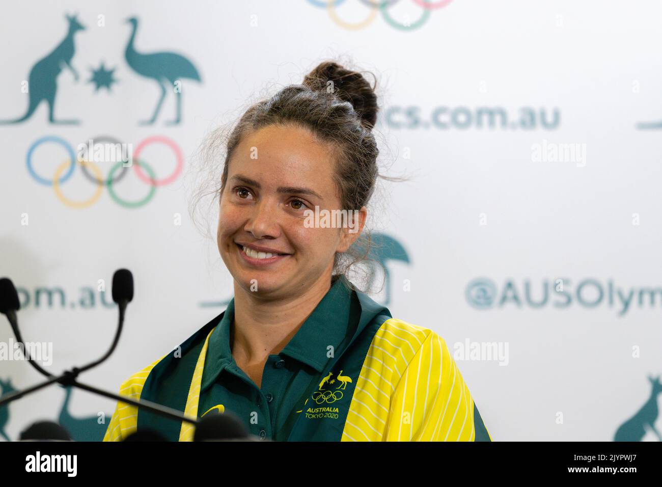Hockeyroos player Brooke Peris speaks during an announcement of the ...