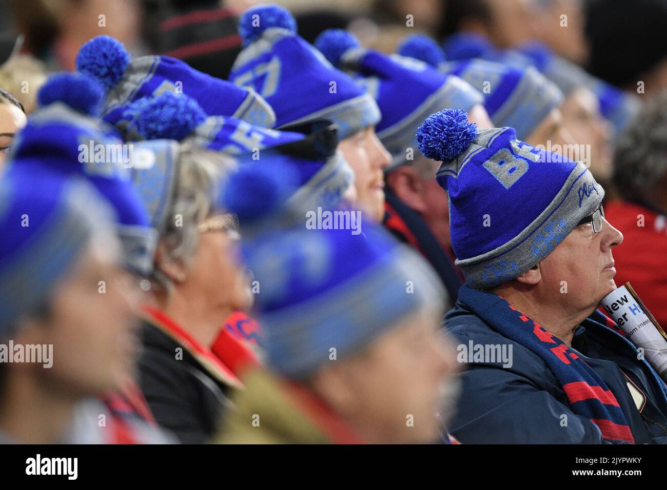 Spectators wear their blue Big Freeze beanies during the Round 13 AFL ...
