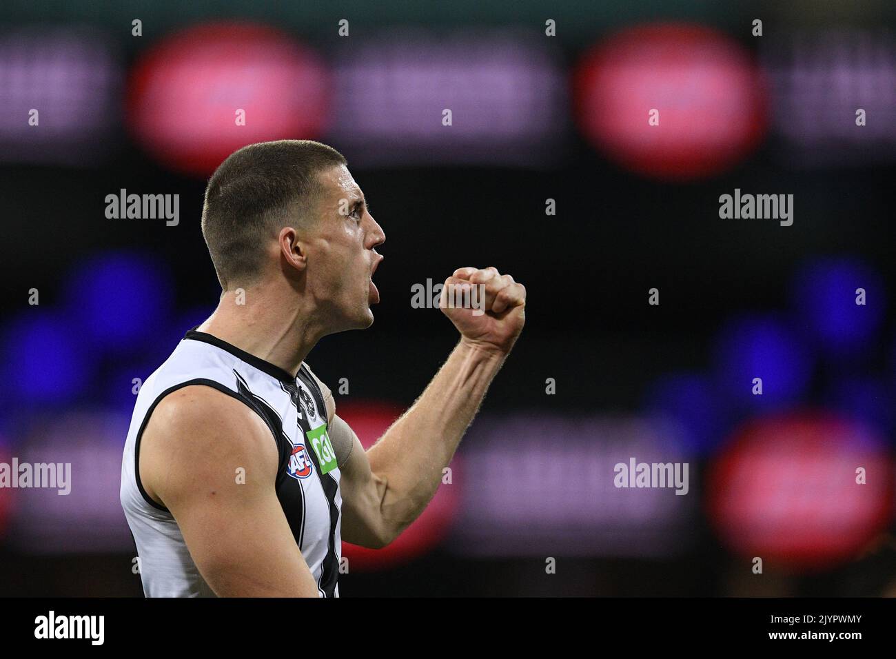 Darcy Cameron of the Magpies celebrates a goal during the Round 13 AFL ...