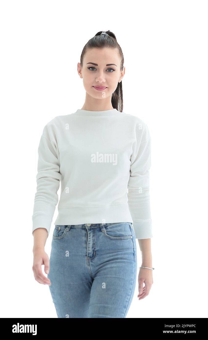 in full growth. a nice young woman, stepping forward Stock Photo - Alamy