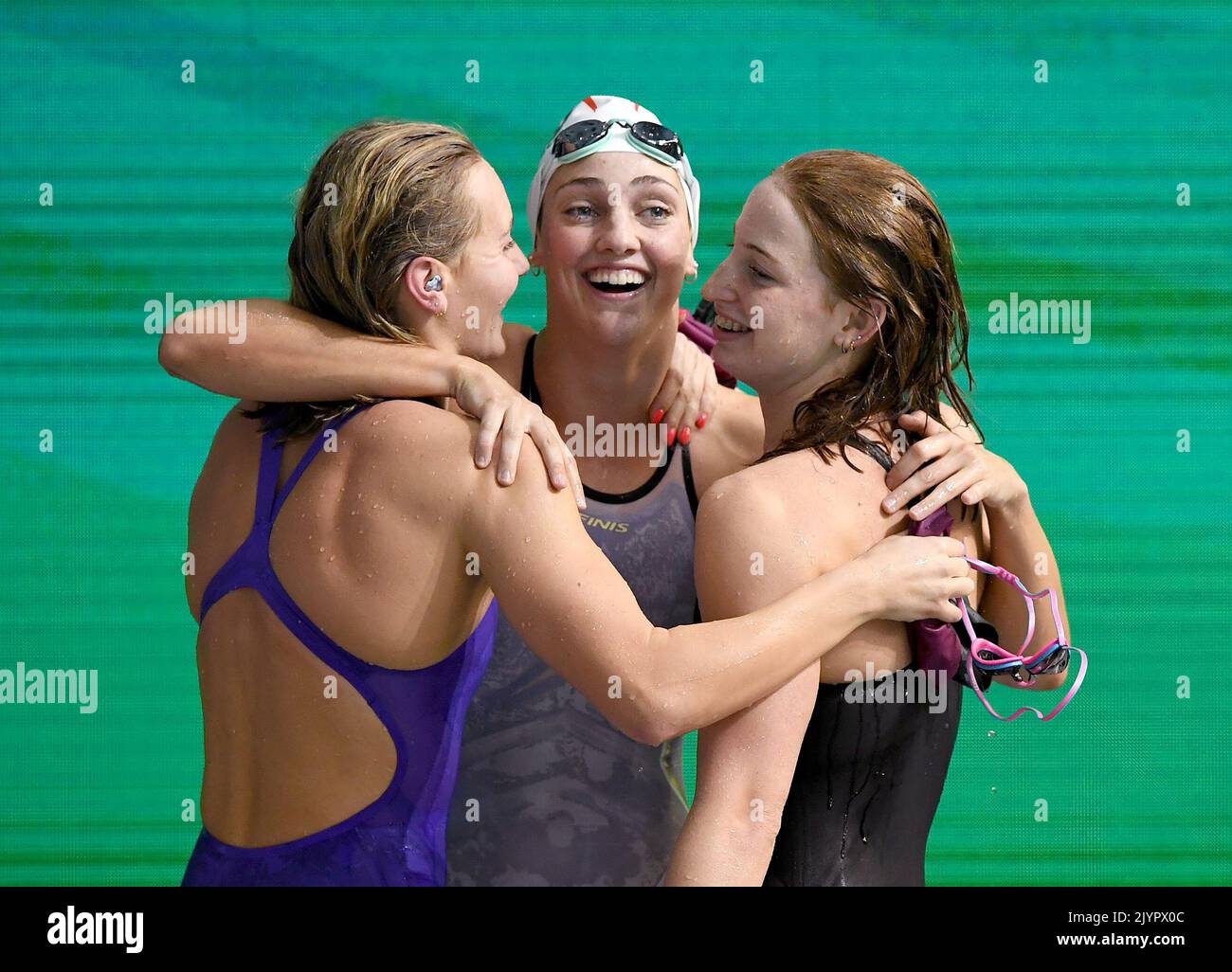 L R Ariarne Titmus Meg Harris And Mollie Ocallaghan Celebrate