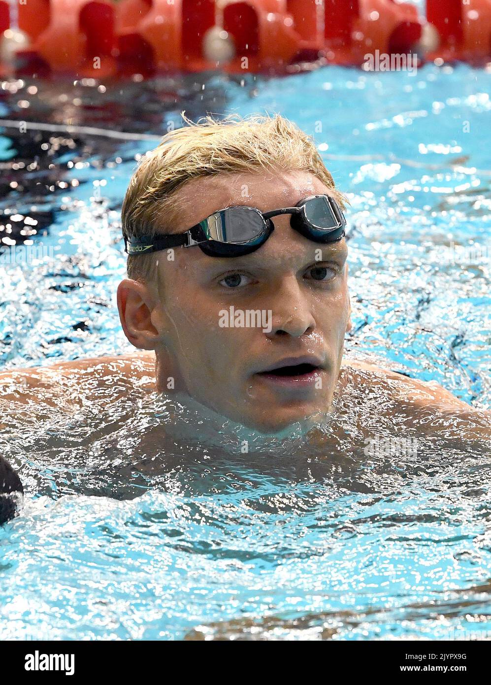 Cody Simpson looks on after swimming in the Men’s 100m Freestyle Heats ...