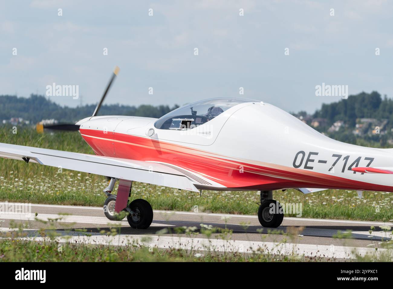 Wangen-Lachen, Switzerland, July 31, 2022 Little propeller plane has ...