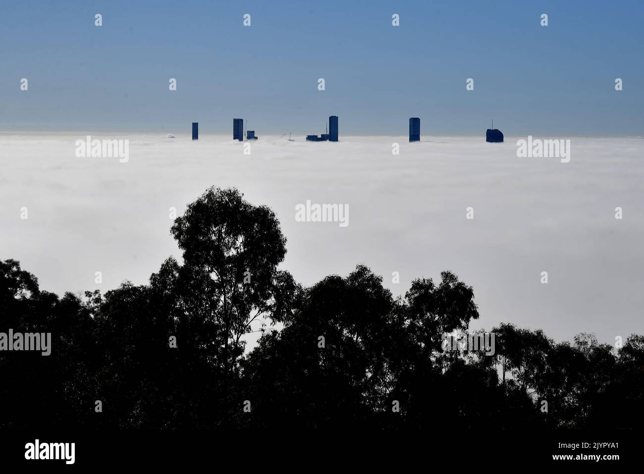 The city of Brisbane is seen covered in a layer of fog from the Mount ...