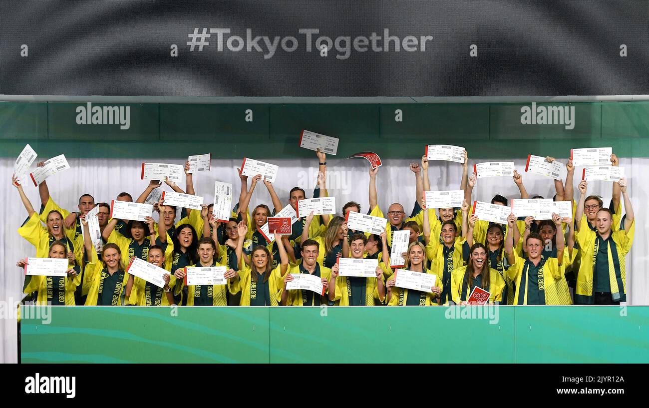 The Australian Swim Team pose for a photograph after the team was ...