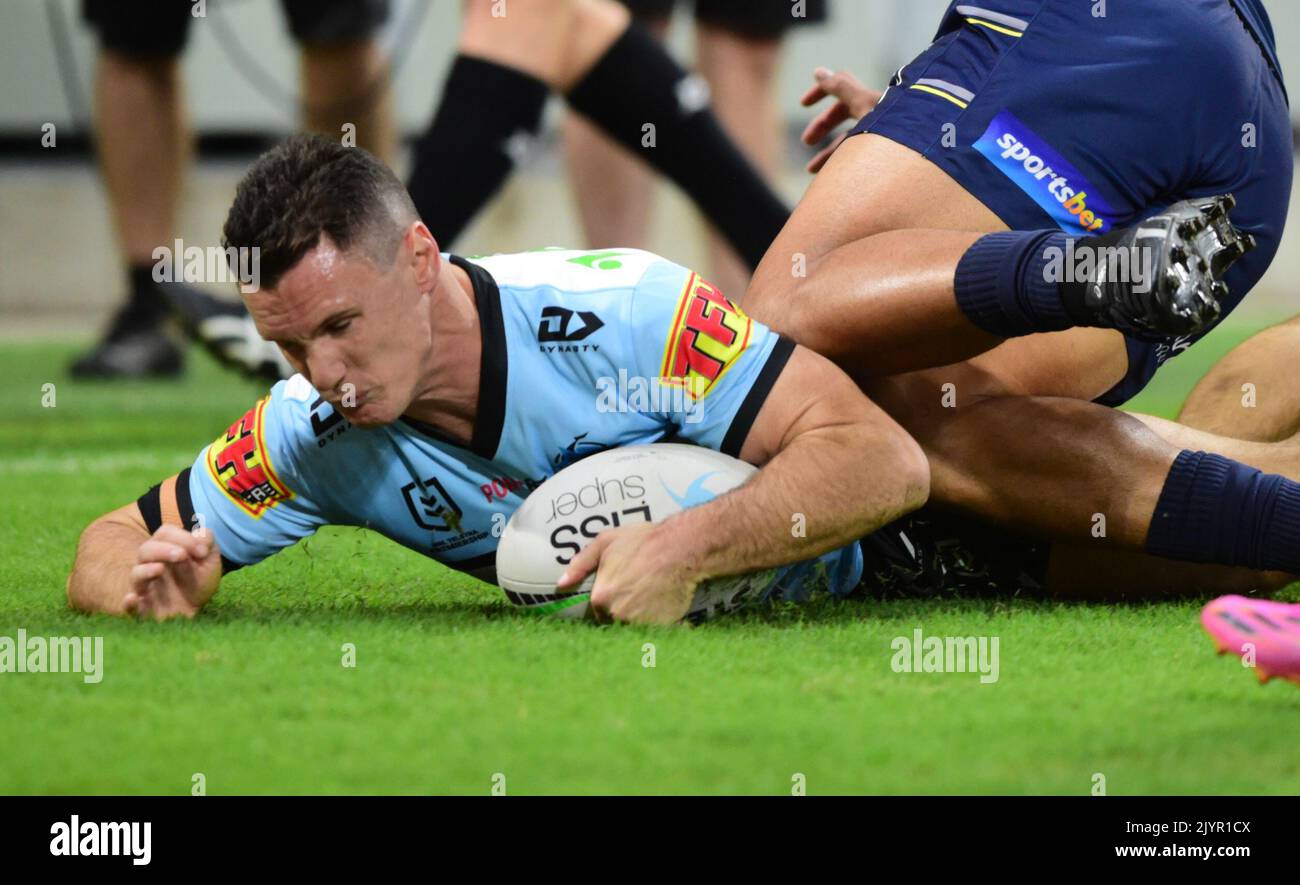 Connor Tracey of the Sharks scores a try during the Round 15 NRL match ...