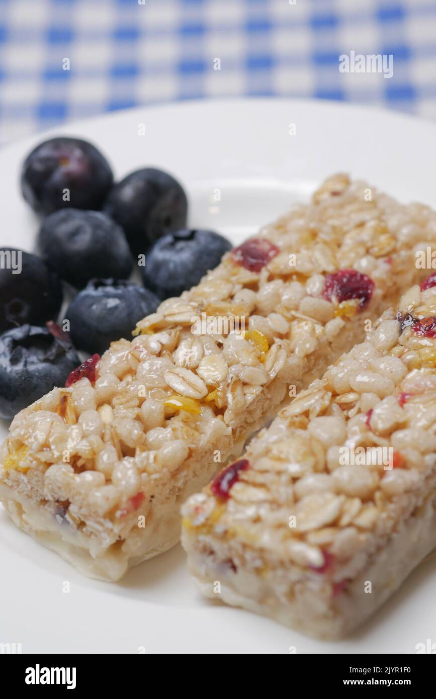 blue berry oat protein bars on table Stock Photo - Alamy
