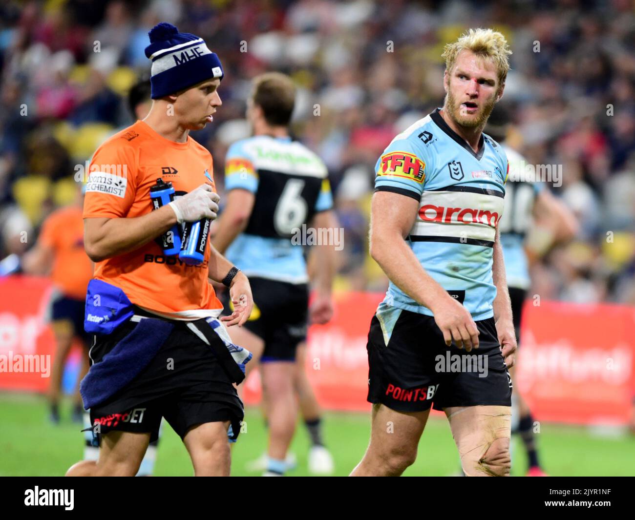 Aiden Tolman leaves the field during the Round 15 NRL match between the ...