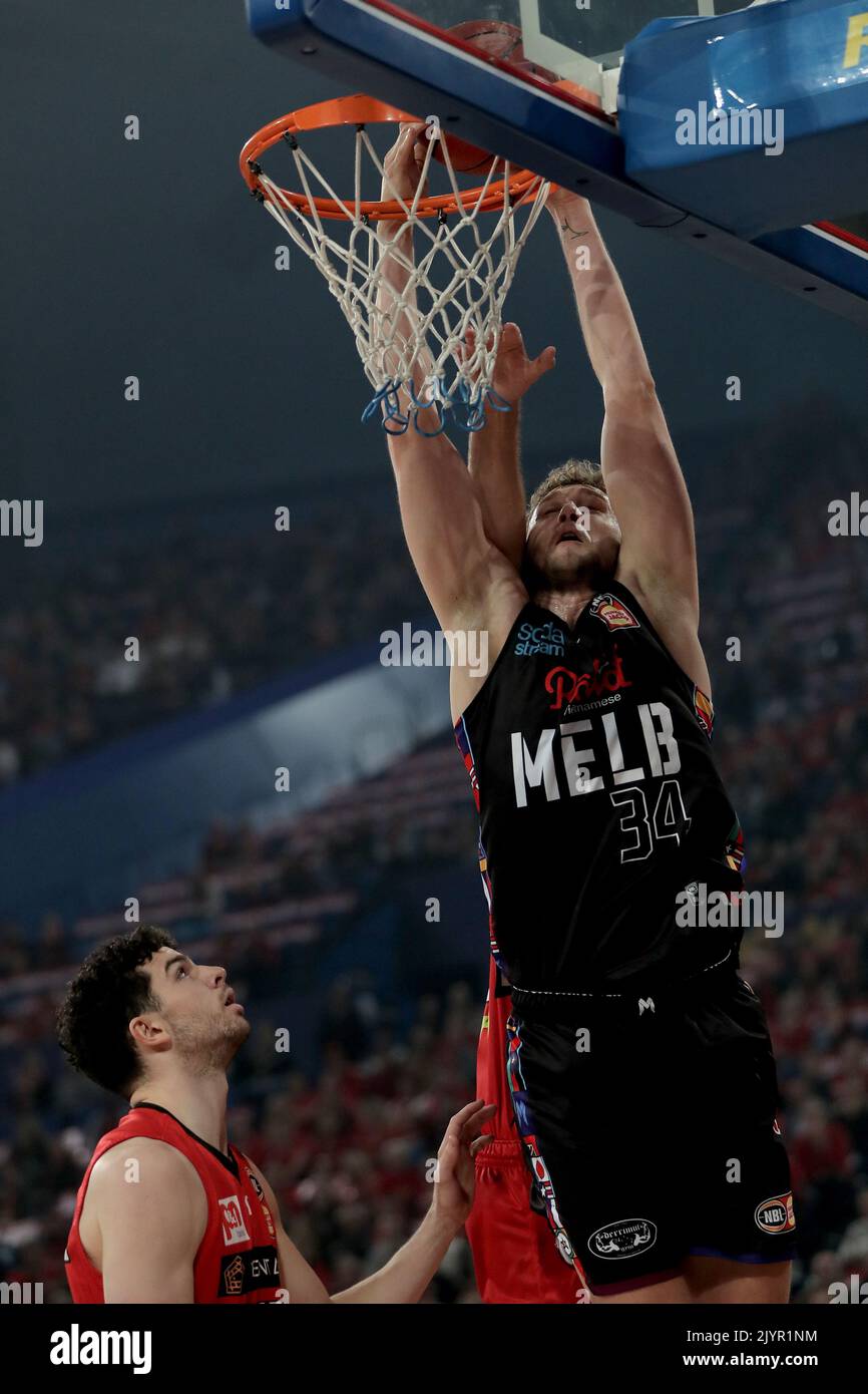Jock Landale of United scores during the NBL Final Game 1 match between ...
