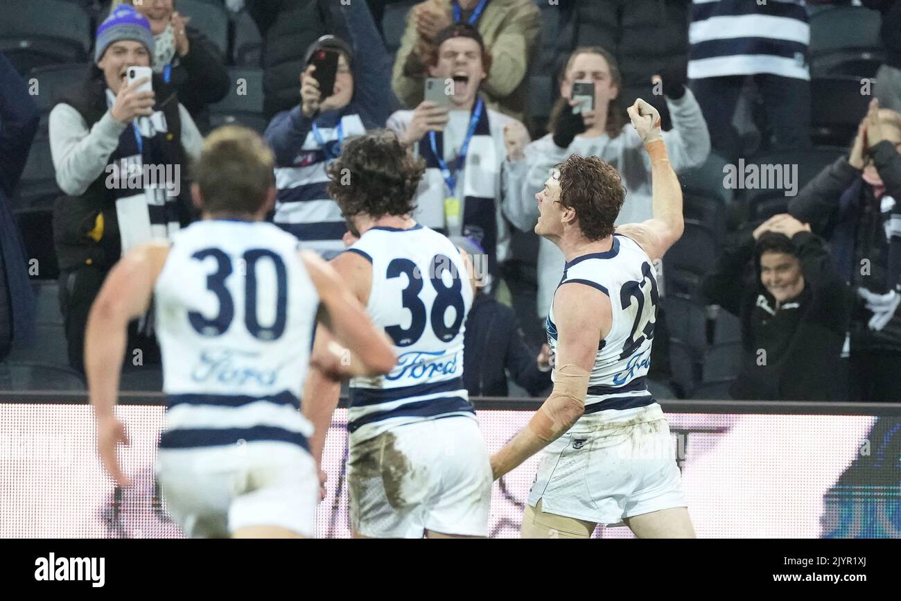 Gary Rohan of the Cats celebrates after kicking the winning goal after ...