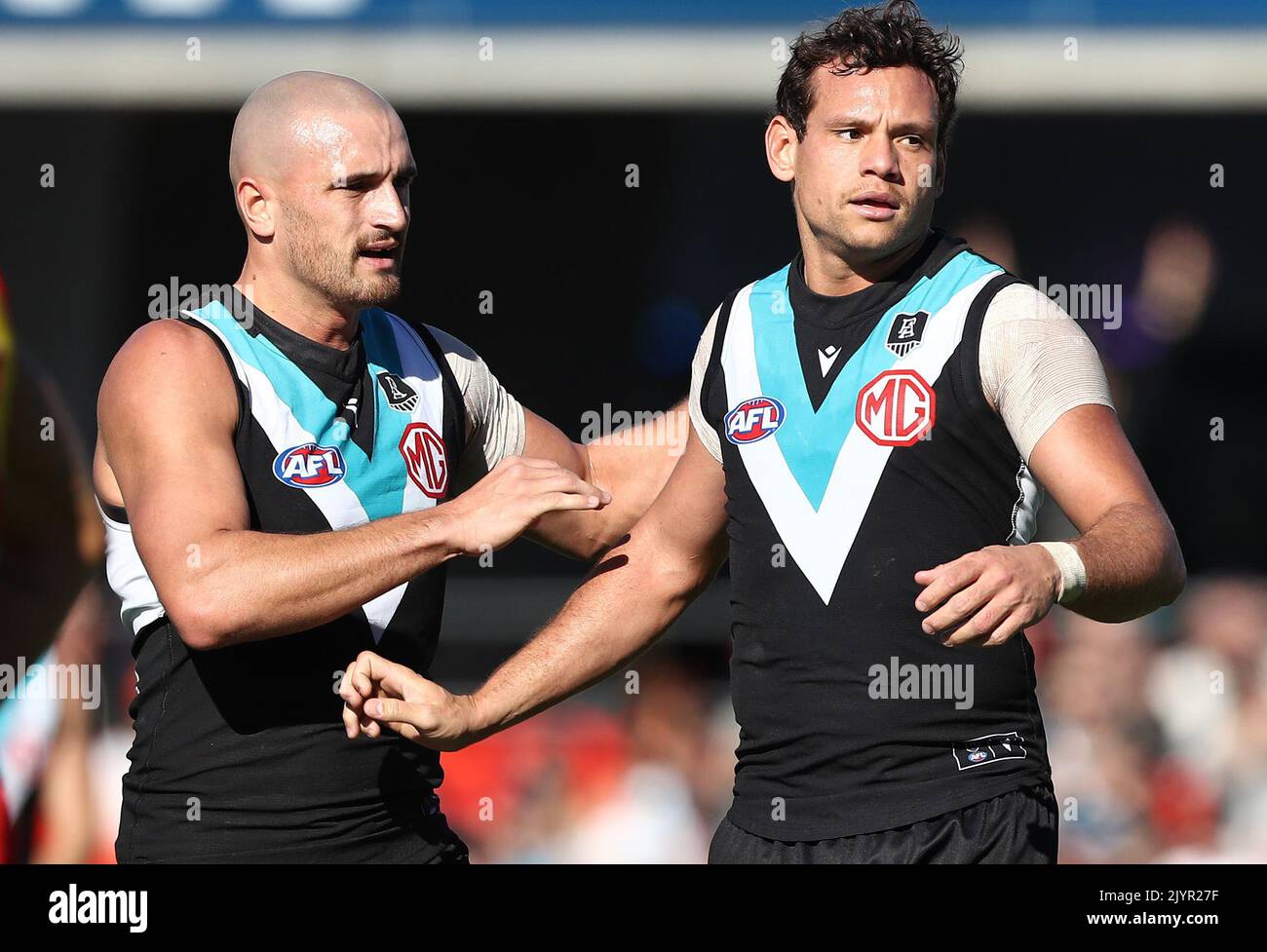 Steven Motlop of the Power kicks a goal during the AFL Round 14 match ...