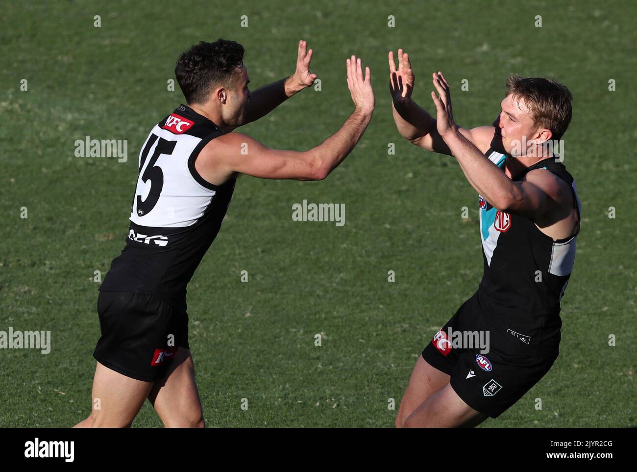 Karl Amon of the Power celebrates a goal during the AFL Round 14 match ...
