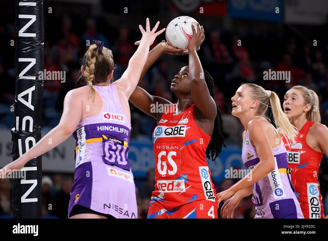 Sam Wallace of the Swifts shoots during the Super Netball Round 8 match ...