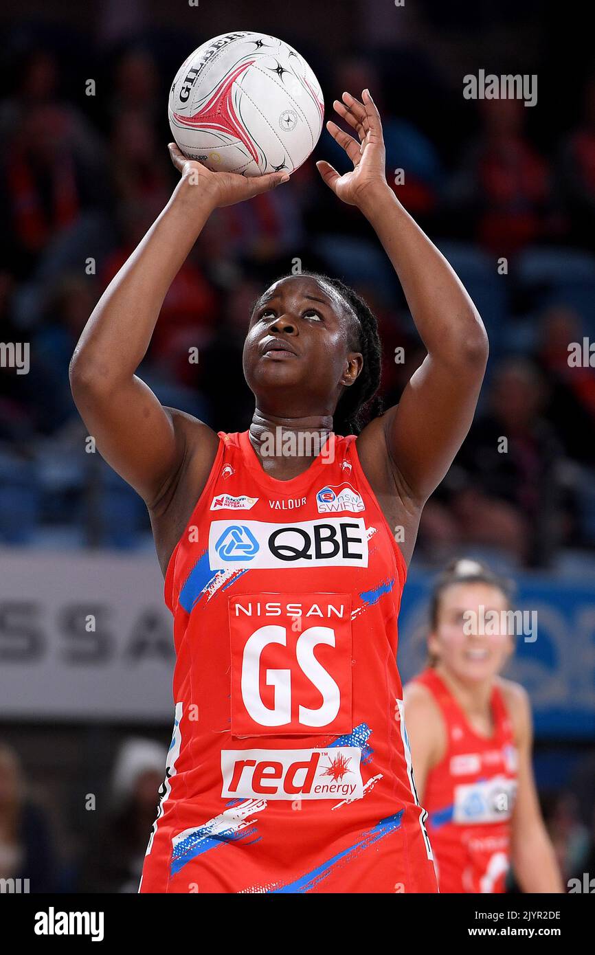 Sam Wallace of the Swifts shoots during the Super Netball Round 8 match ...