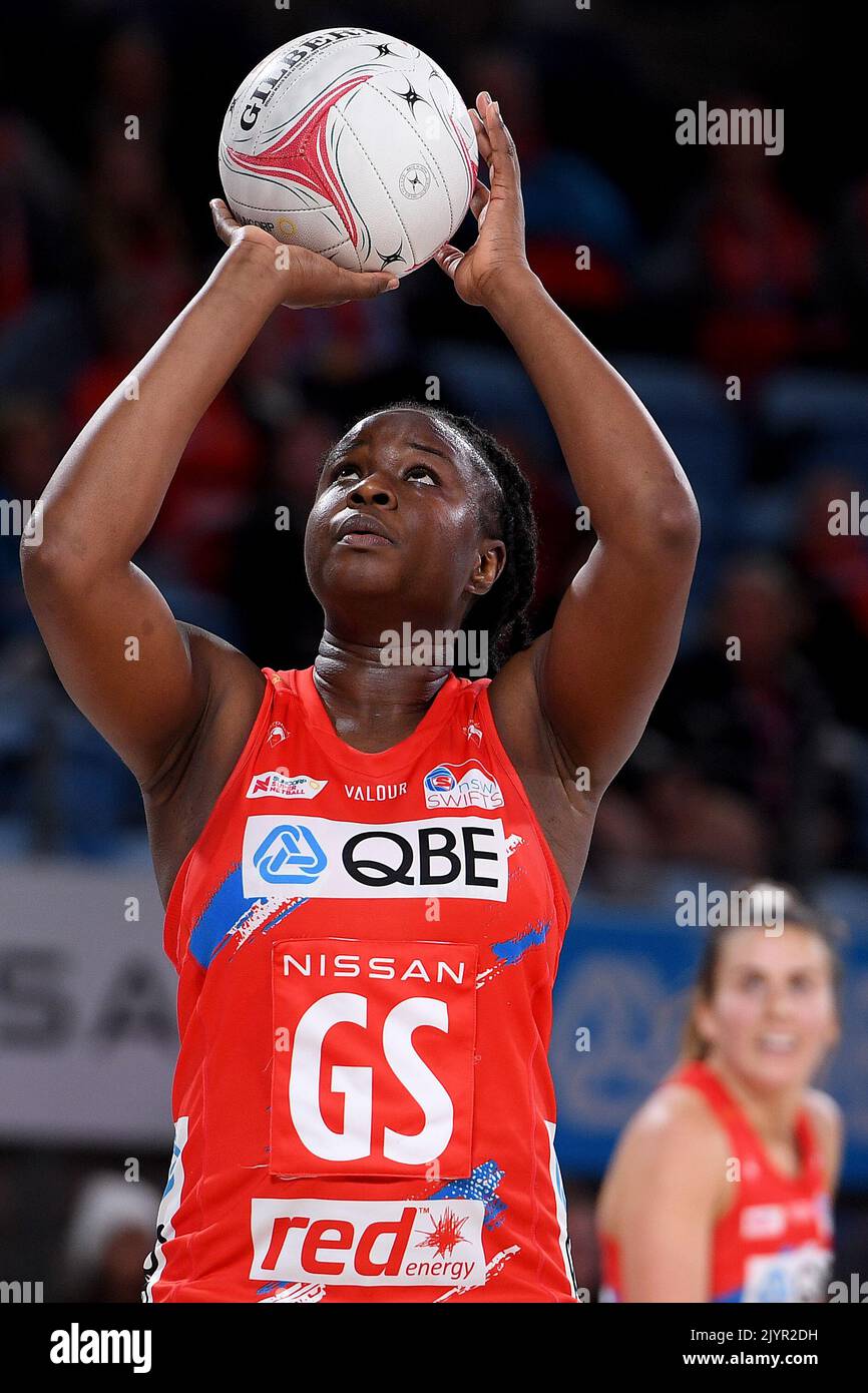 Sam Wallace of the Swifts shoots during the Super Netball Round 8 match ...