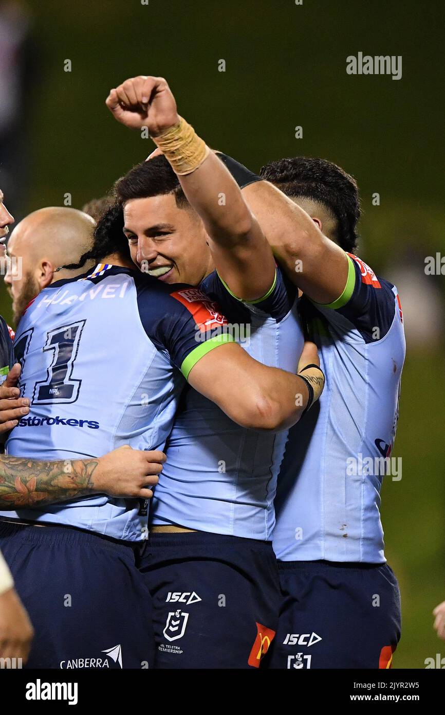 Joseph Tapine of the Raiders celebrates after scoring a try during the ...