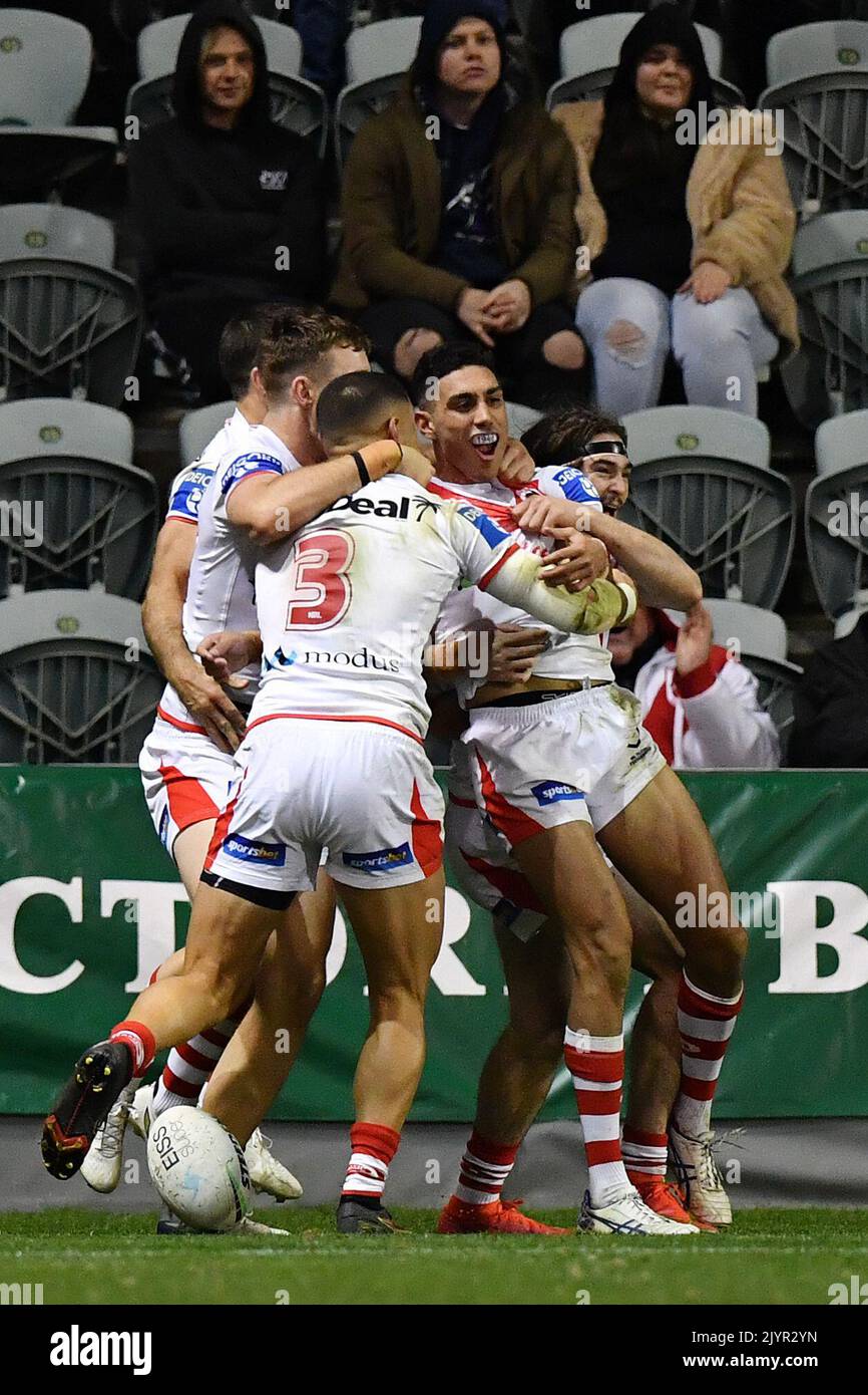 Tyrell Sloan of the Dragons celebrates his try during the NRL Round 15 ...
