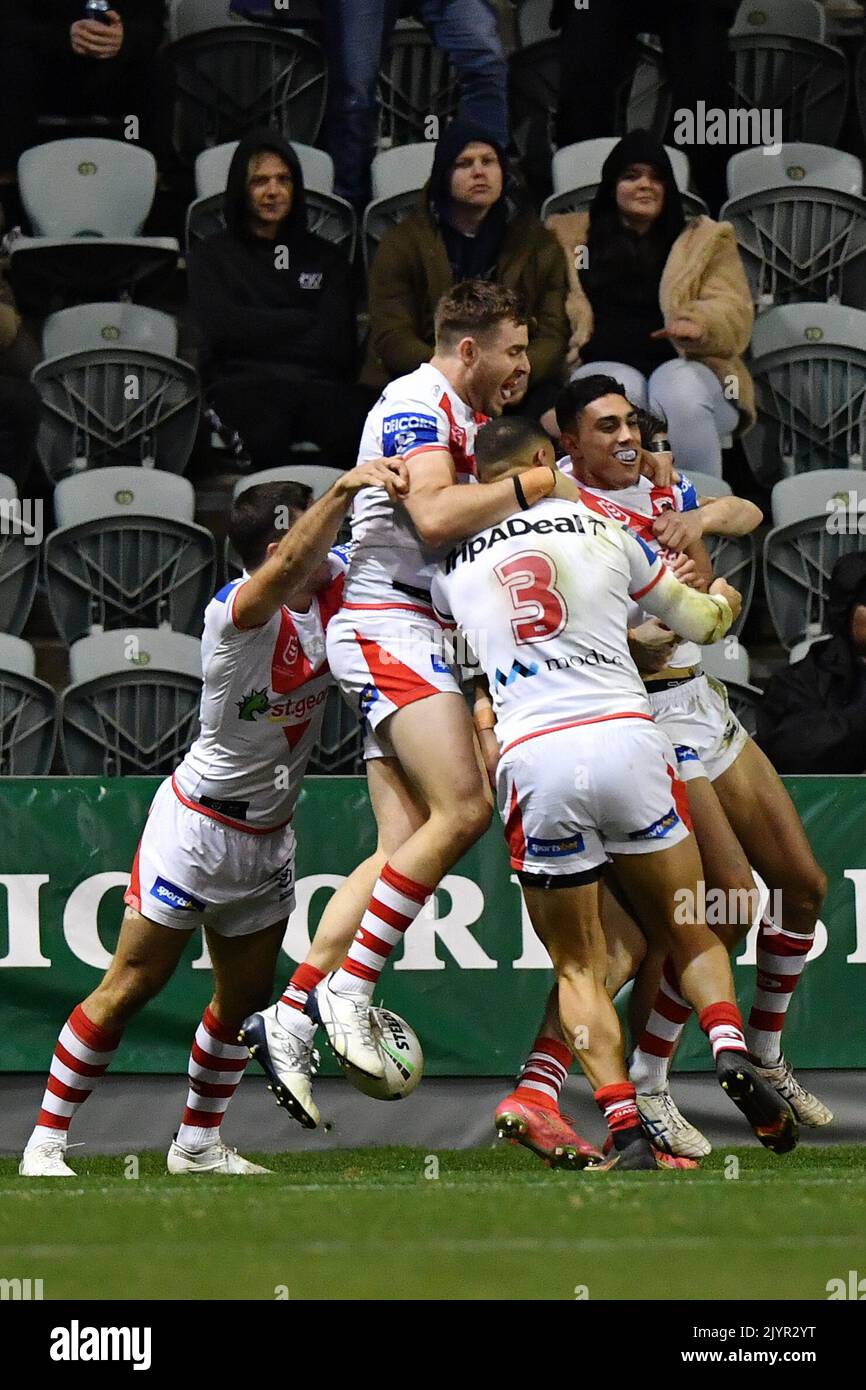 Tyrell Sloan of the Dragons celebrates his try during the NRL Round 15 ...