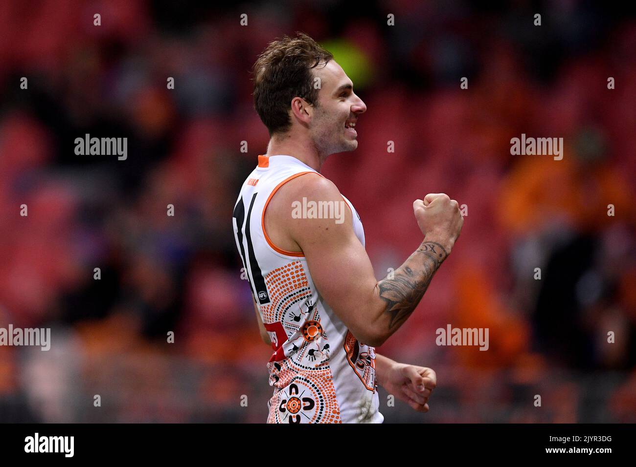 Jeremy Finlayson of the Giants celebrates after kicking a goal during ...