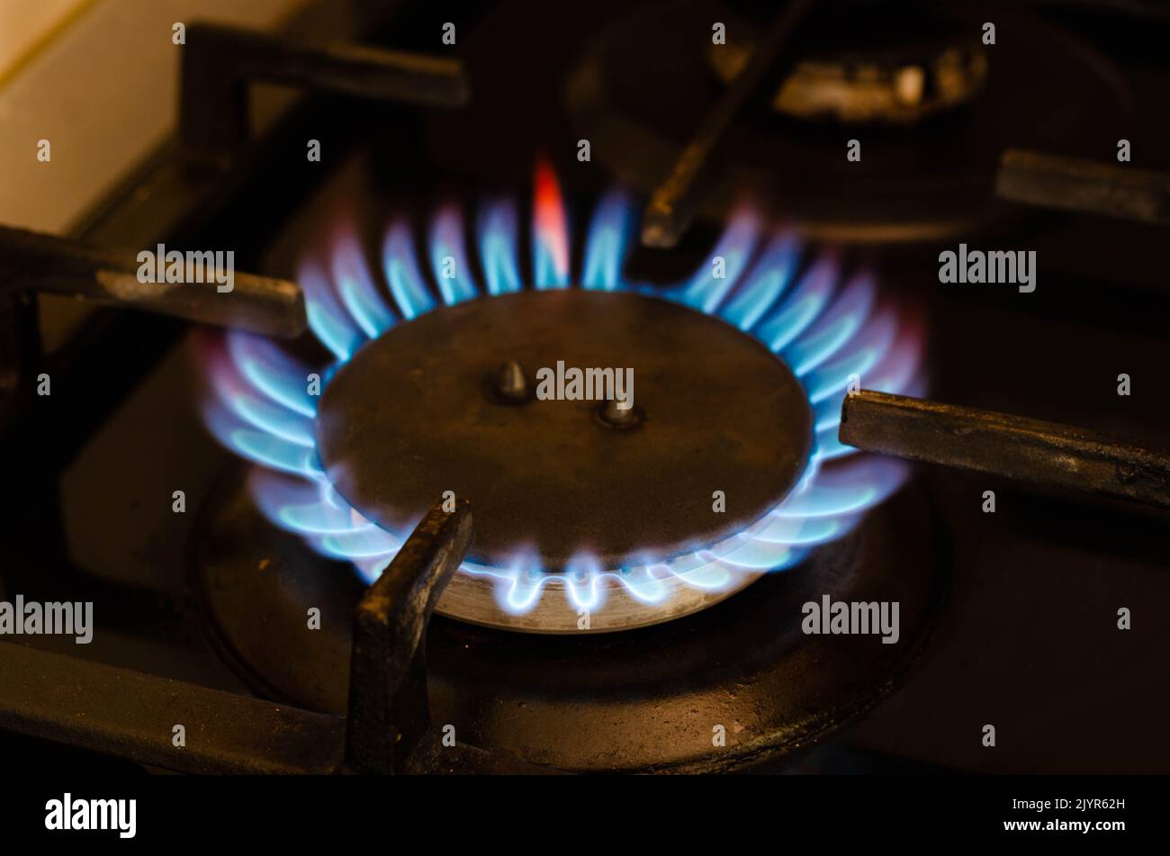 Closeup shot of blue fire from domestic kitchen stove top. Gas cooker ...