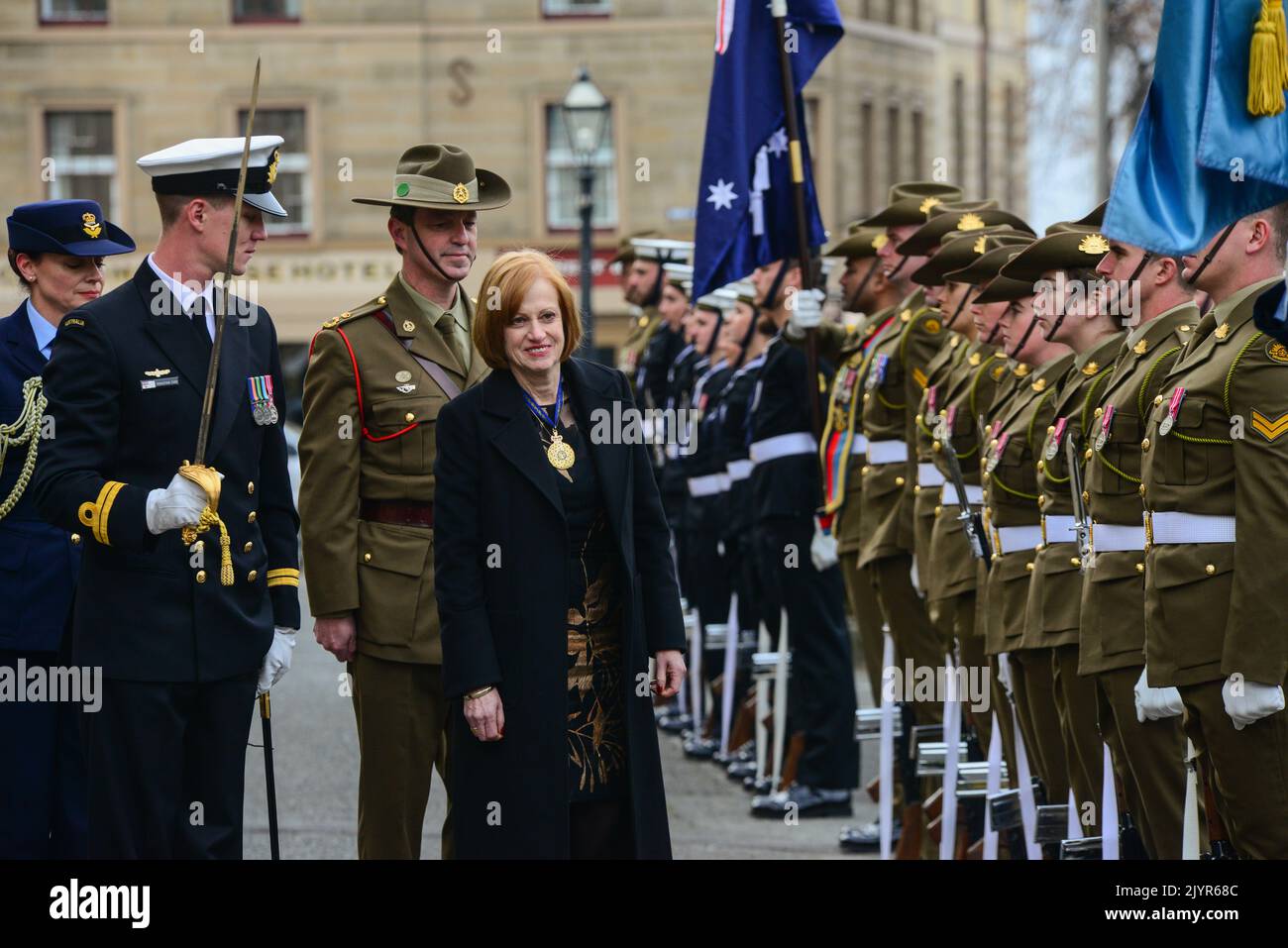 Tasmania's new Governor, HE Barbara Baker inspects a military parade at ...