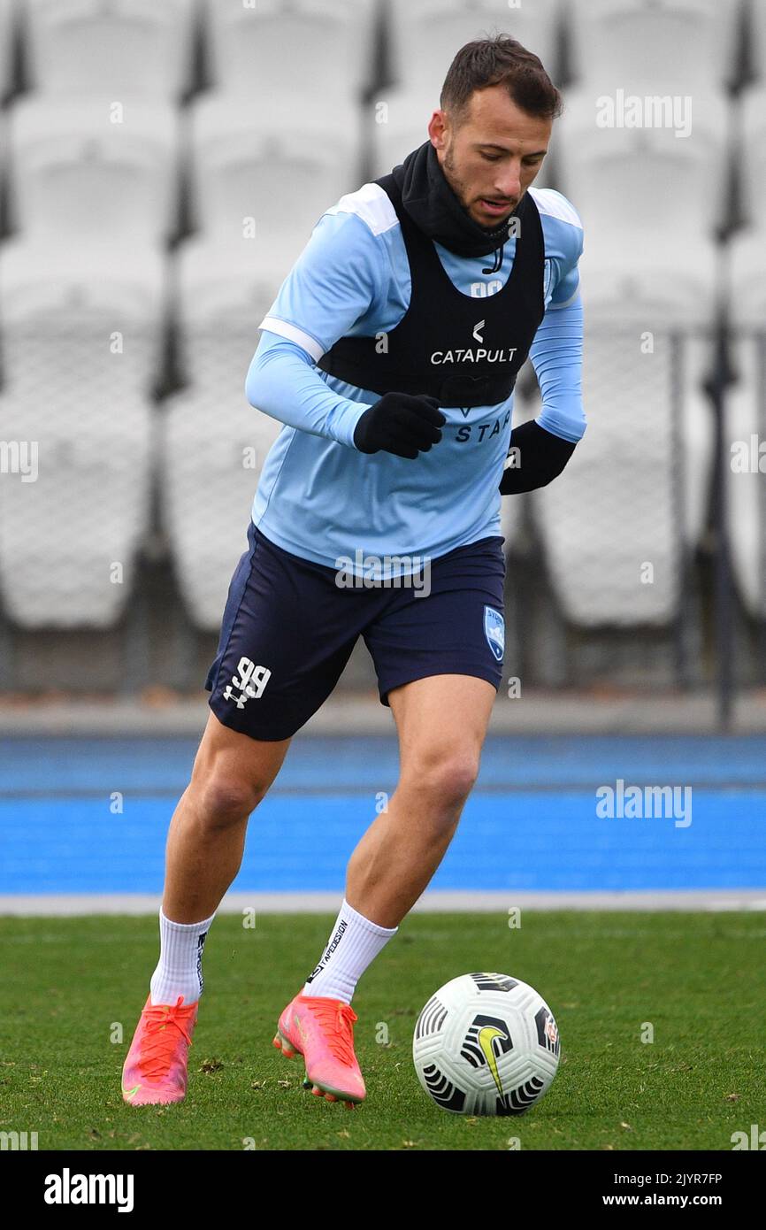 Adam Le Fondre of Sydney FC in action during a Sydney FC training session at Lakeside Stadium in ...