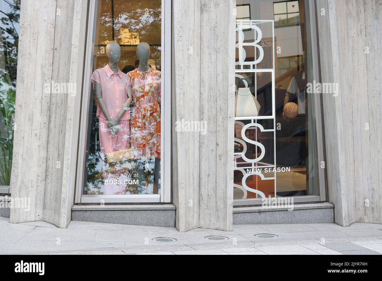 TOKYO, JAPAN - June 18, 2021: Window display in the Hugo Boss store in ...