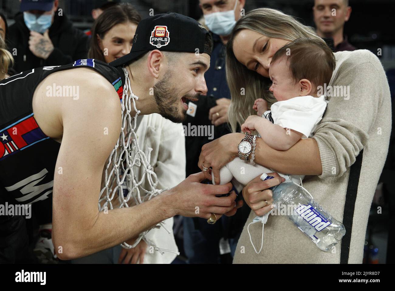 Chris Goulding of United celebrates with his wife Molly, and daughter ...