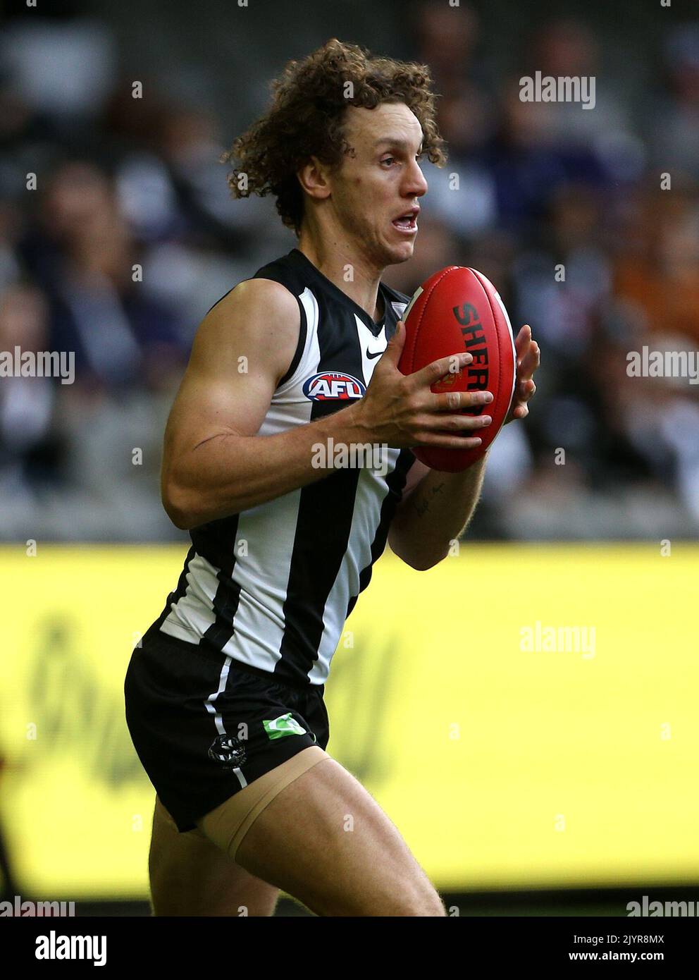Chris Mayne of the Magpies runs forward during the AFL Round 15 match ...