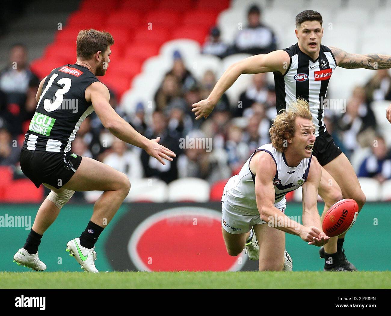 David Mundy of the Dockers handpasses during the AFL Round 15 match ...