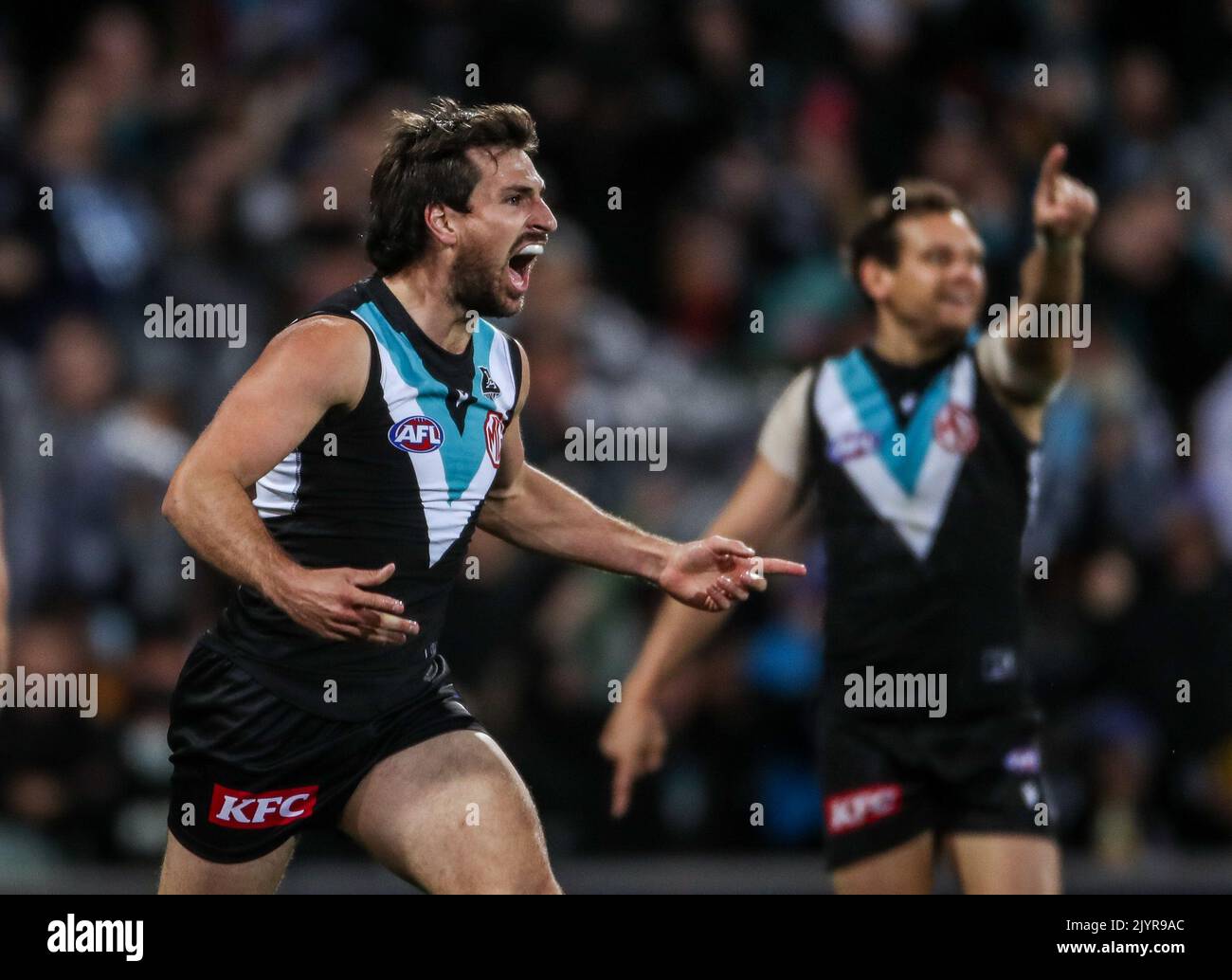 Sam Mayes of the Power celebrates kicking the winning goal during the ...