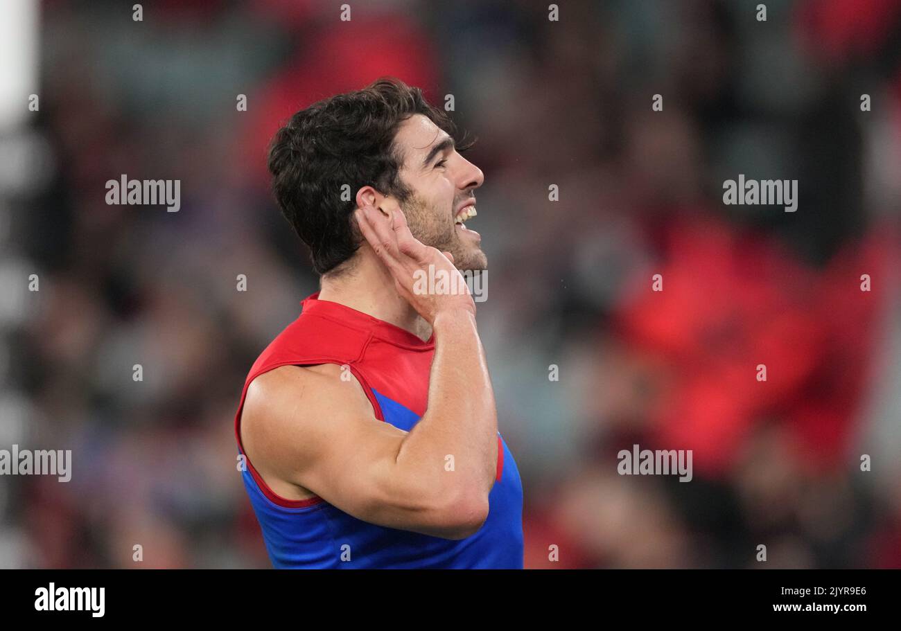 Christian Petracca of the Demons gestures to Bombers supporters in the ...