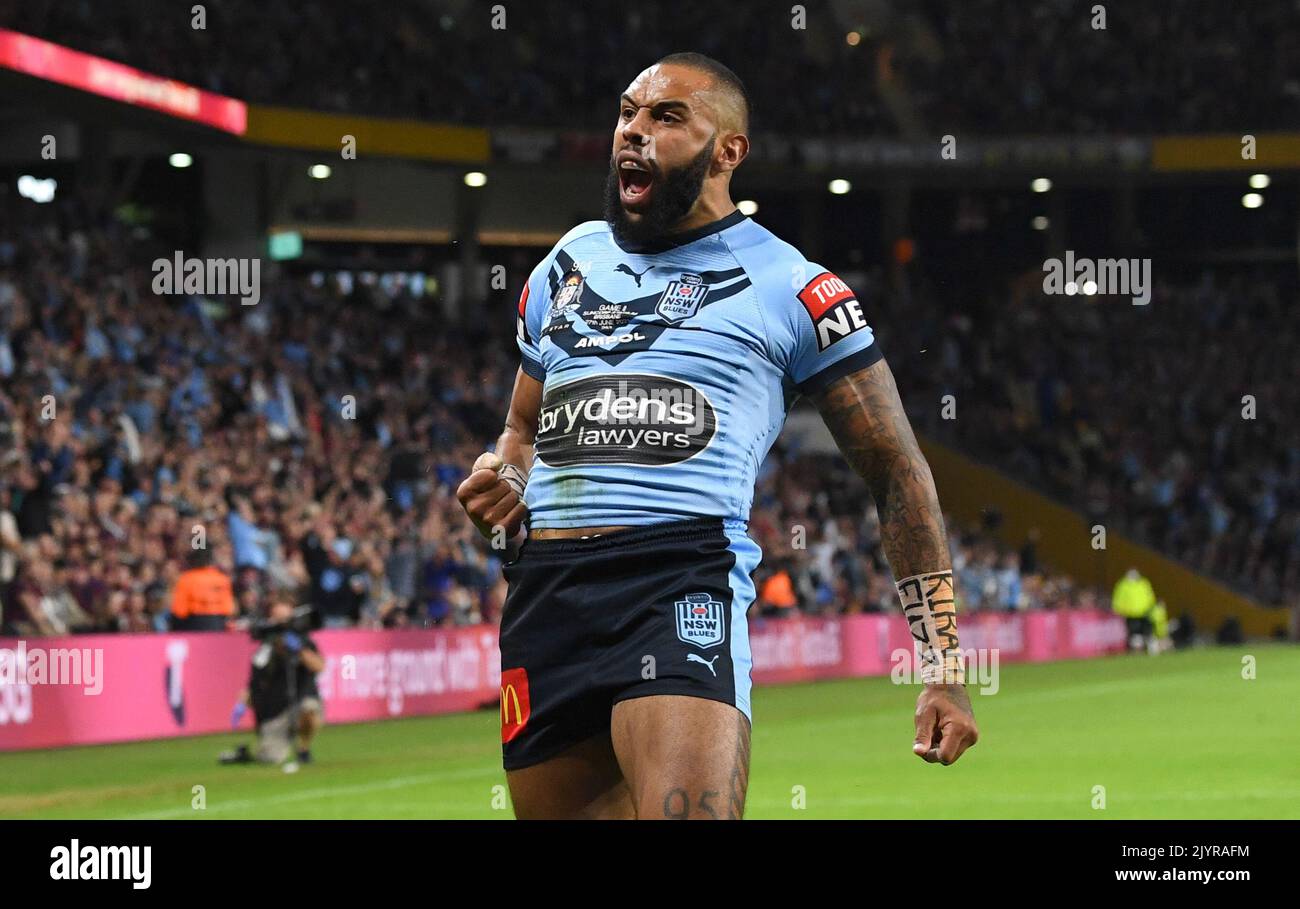 Josh Addo-Carr of the Blues celebrates scoring a try during Game 2 of ...