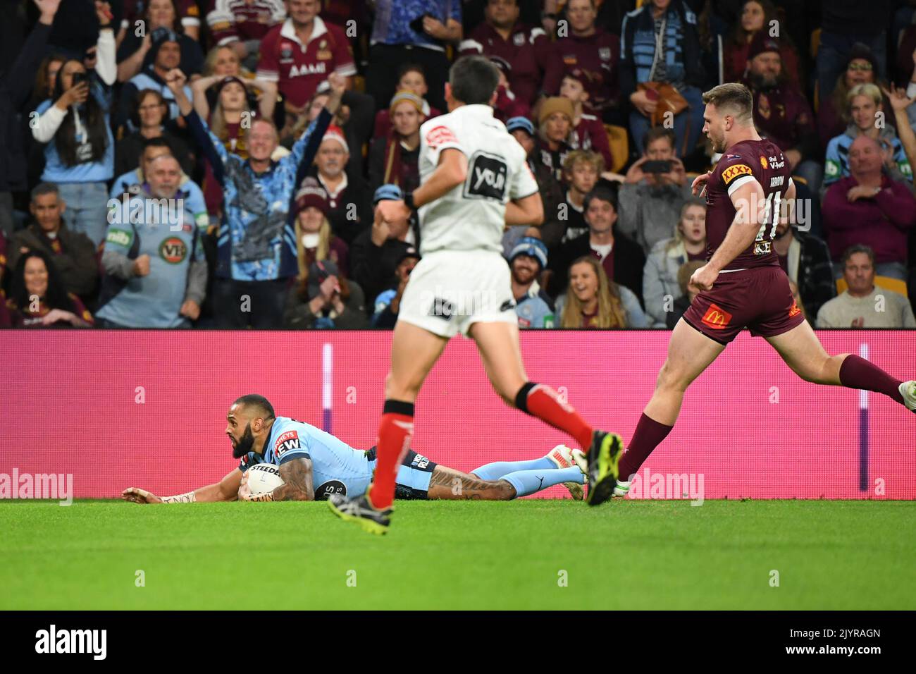Blues Josh Ado-Carr scores a try during Game 2 of the 2021 State of ...