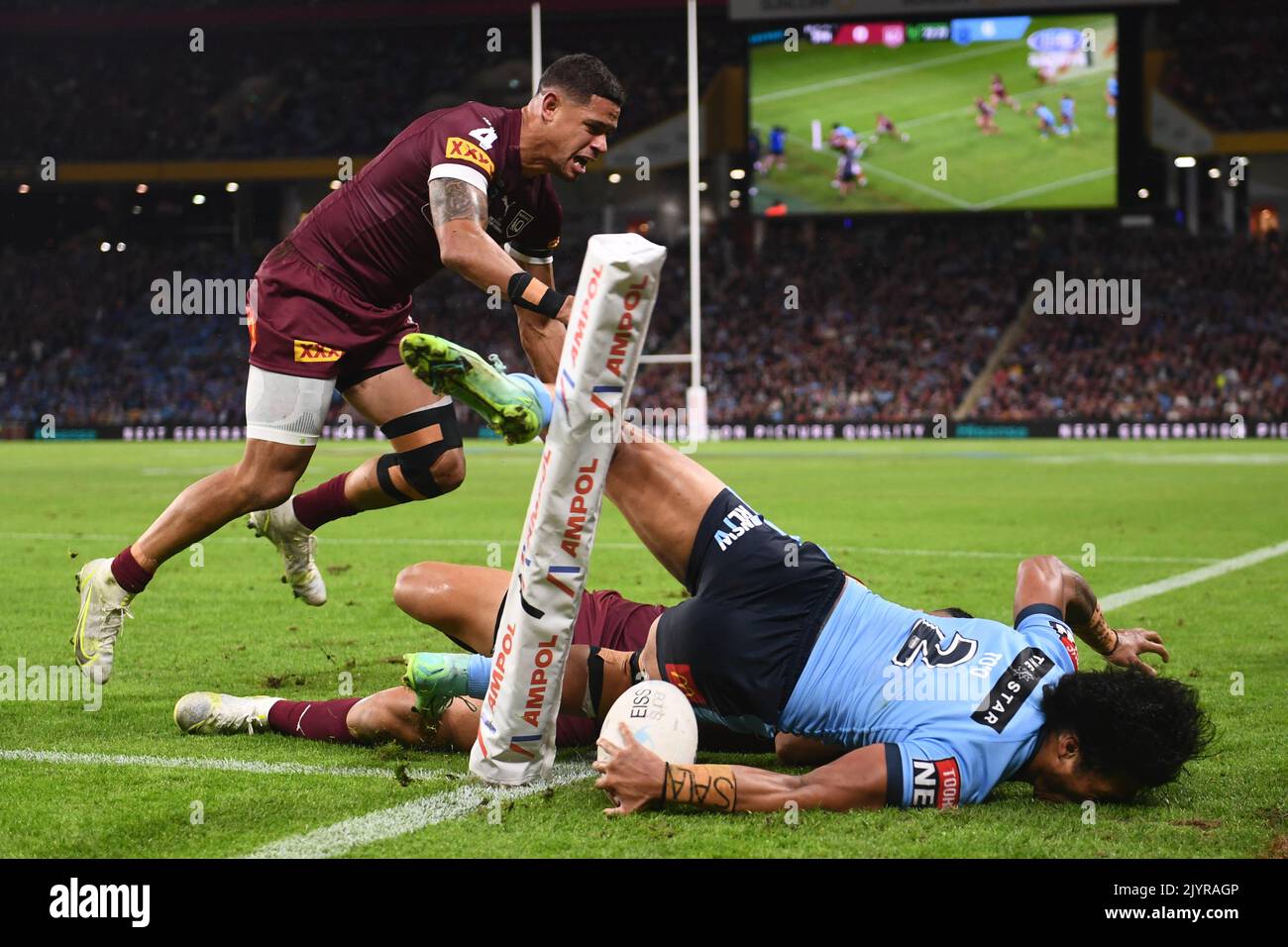 Blues Brian To’o is tackled before the try line during Game 2 of the ...