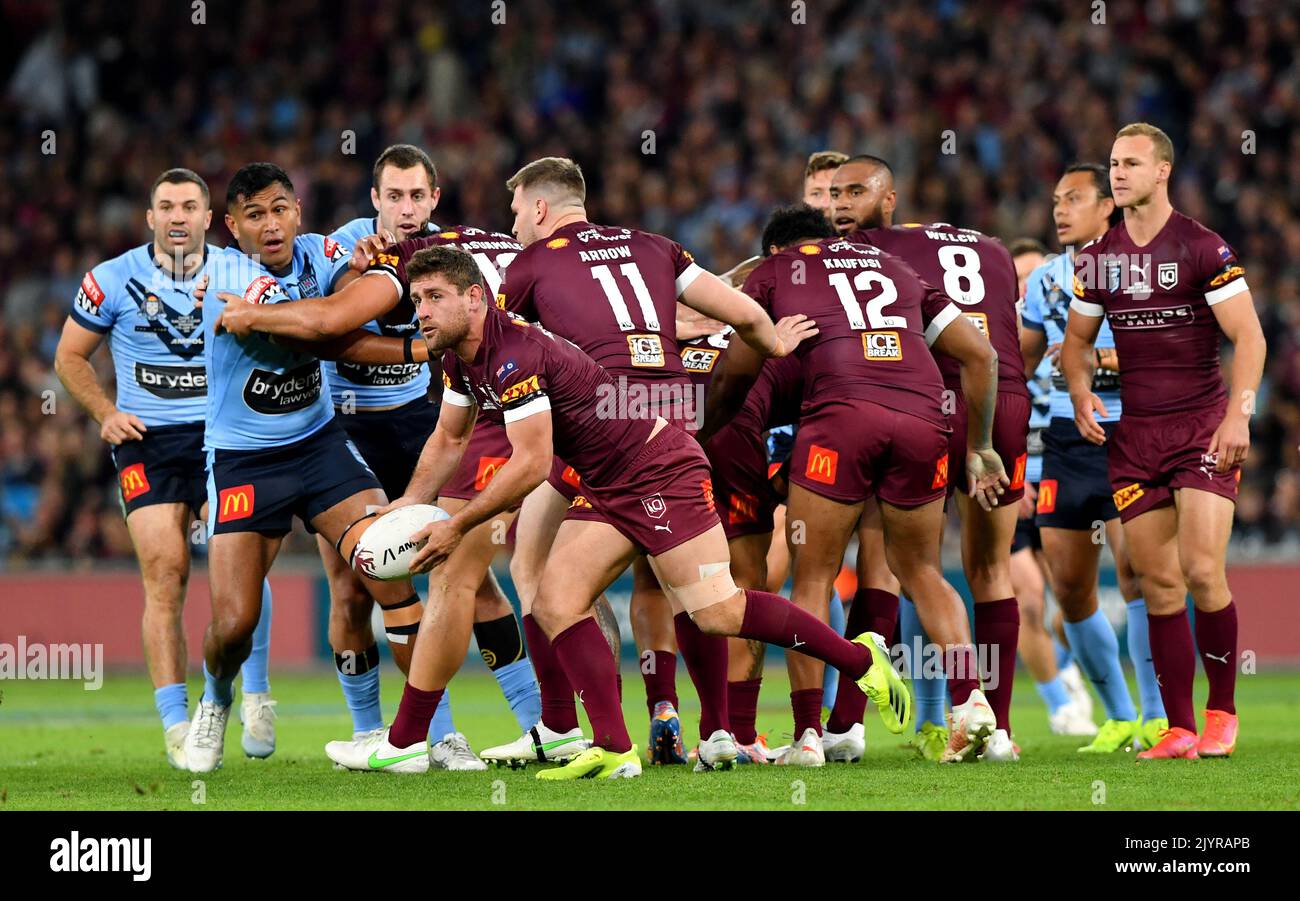 Andrew McCullough (centre) of the Maroons in action during Game 2 of ...