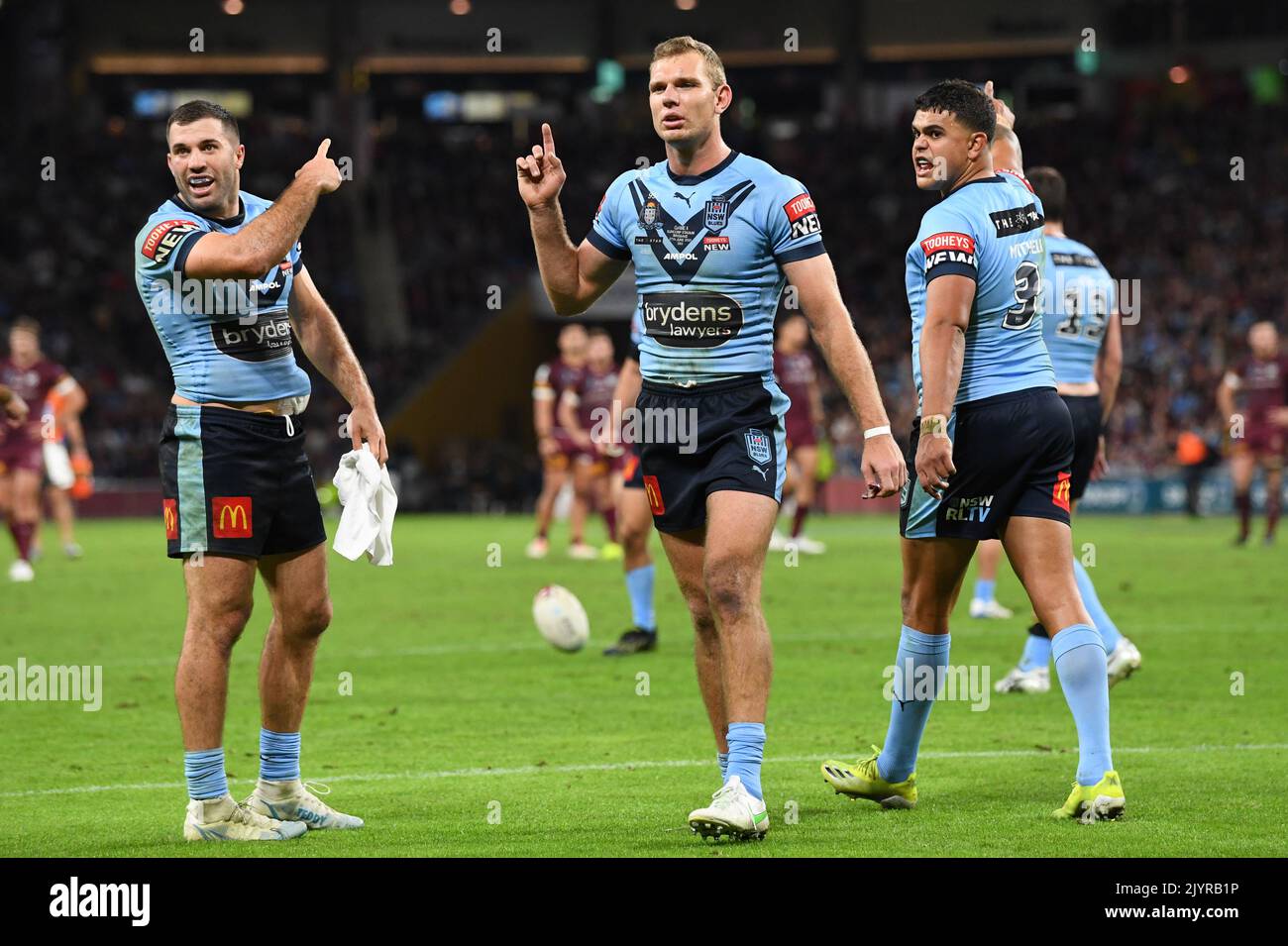 James Tedesco (left), Tom Trbojevic (centre) and Latrell Mitchell ...