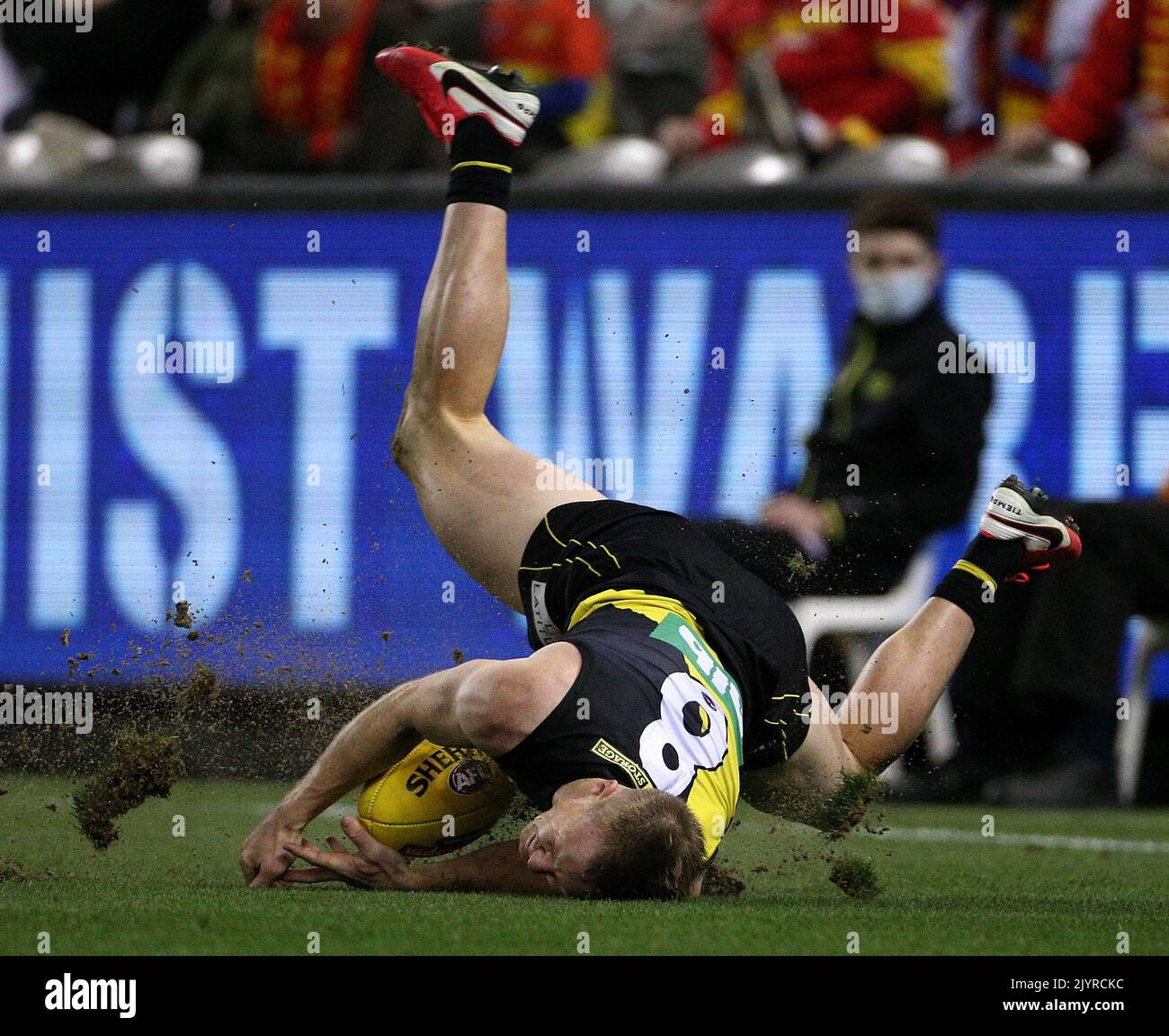 Jack Riewoldt of the Tigers goes to ground in a marking attempt during ...